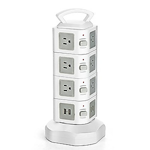 TNP Power Strip Tower Surge Protector - Tower Power Strip with 14 AC Outlets & 4 USB Ports - 2500W/10A - 6ft Cord - USB Plug Tower for Home, Office, Bedroom, Work Desk