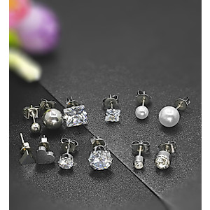 Thunaraz 12Pairs Surgical Steel Stud Earring Set Earring Ball Triangle Heart CZ Earring