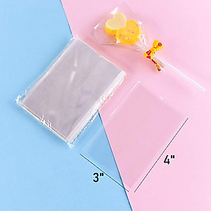 Cellophane Treat Bags 100 Pcs Clear Cello Candy Cookie Lollipop Bakery Dessert Cello Flat Goodie Bag with 100 Twist Ties Resealable 3" x 4"