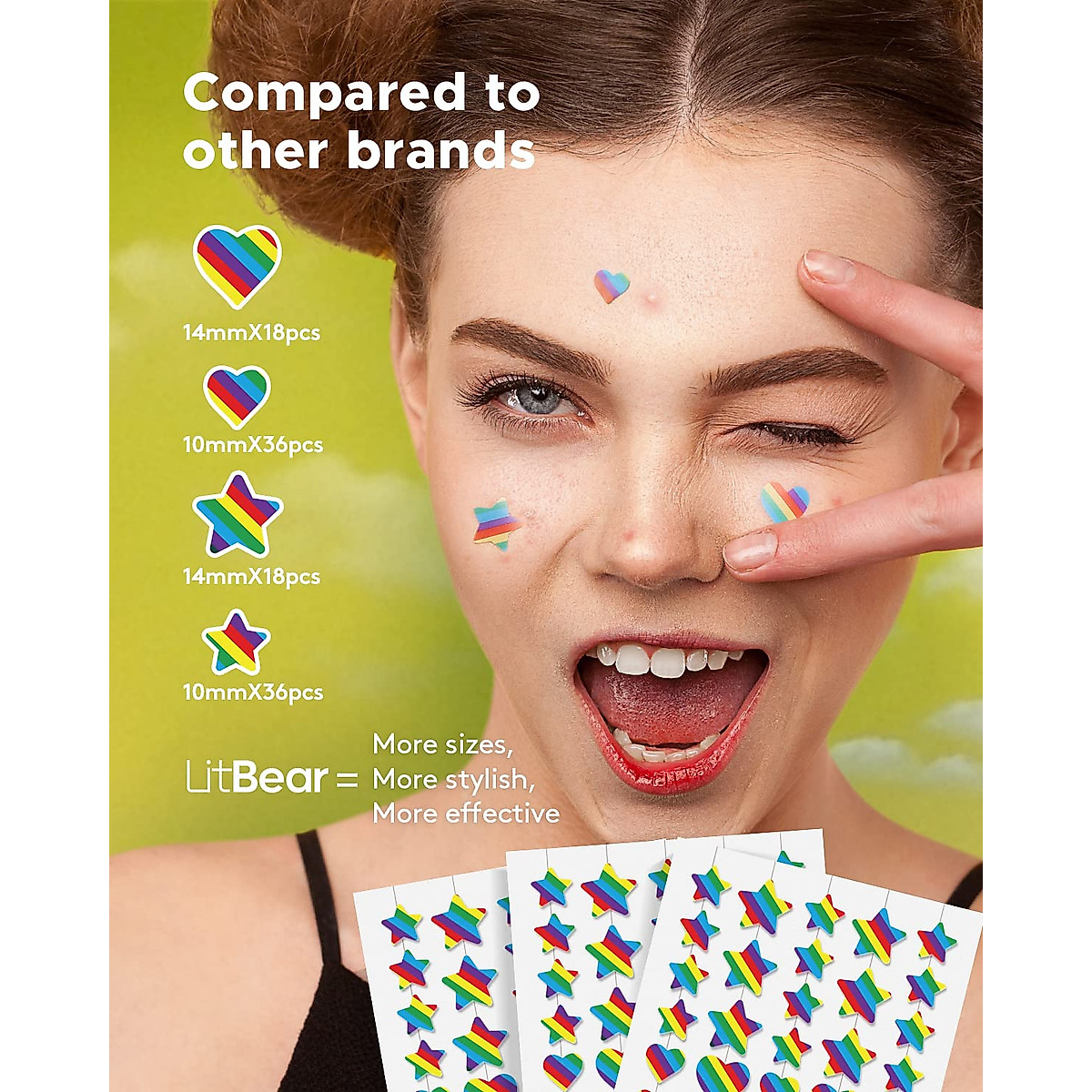 LitBear Acne Patch Pimple Patch, Rainbow Star & Heart Shaped Acne Absorbing Cover Patch, Hydrocolloid Acne Patches For Face Zit Patch Acne Dots, Tea Tree Oil + Centella, 108 Patches, 14mm & 10mm