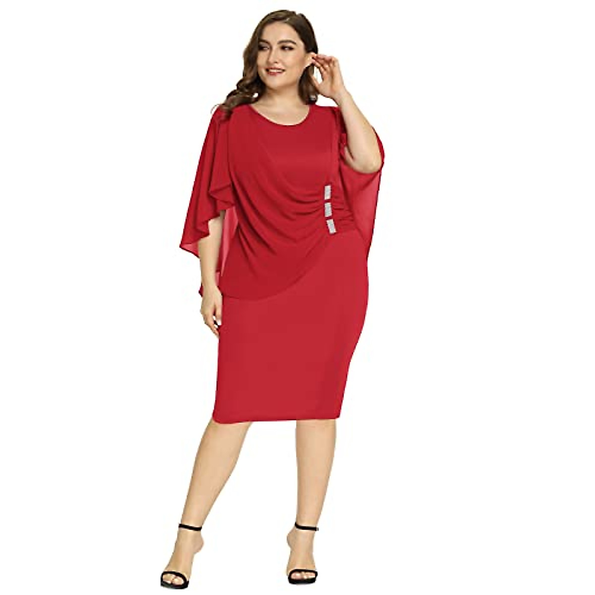 Women's Floral Fake Two Pieces Dress Caplet with Rhinestone Plus Size Wedding Guest Dresses Red 18 Plus