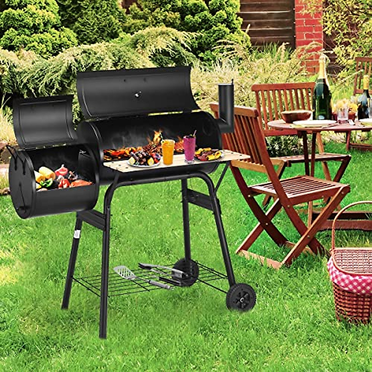 LIVIZA 24.5 Inch Charcoal Grill, Outdoor Camping BBQ Grill, BBQ Grill Set Attached Steel Firebox, Barbecue Pit for Outdoor Garden Park Patio and Backyard Cooking