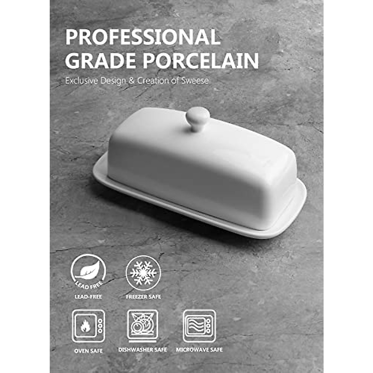 Sweese Butter Dish with Lid, 307.101 Porcelain Butter Keeper, 7.8 Inch Butter Holder with Handle Cover, Butter Container Perfect for East West Coast Butter, White