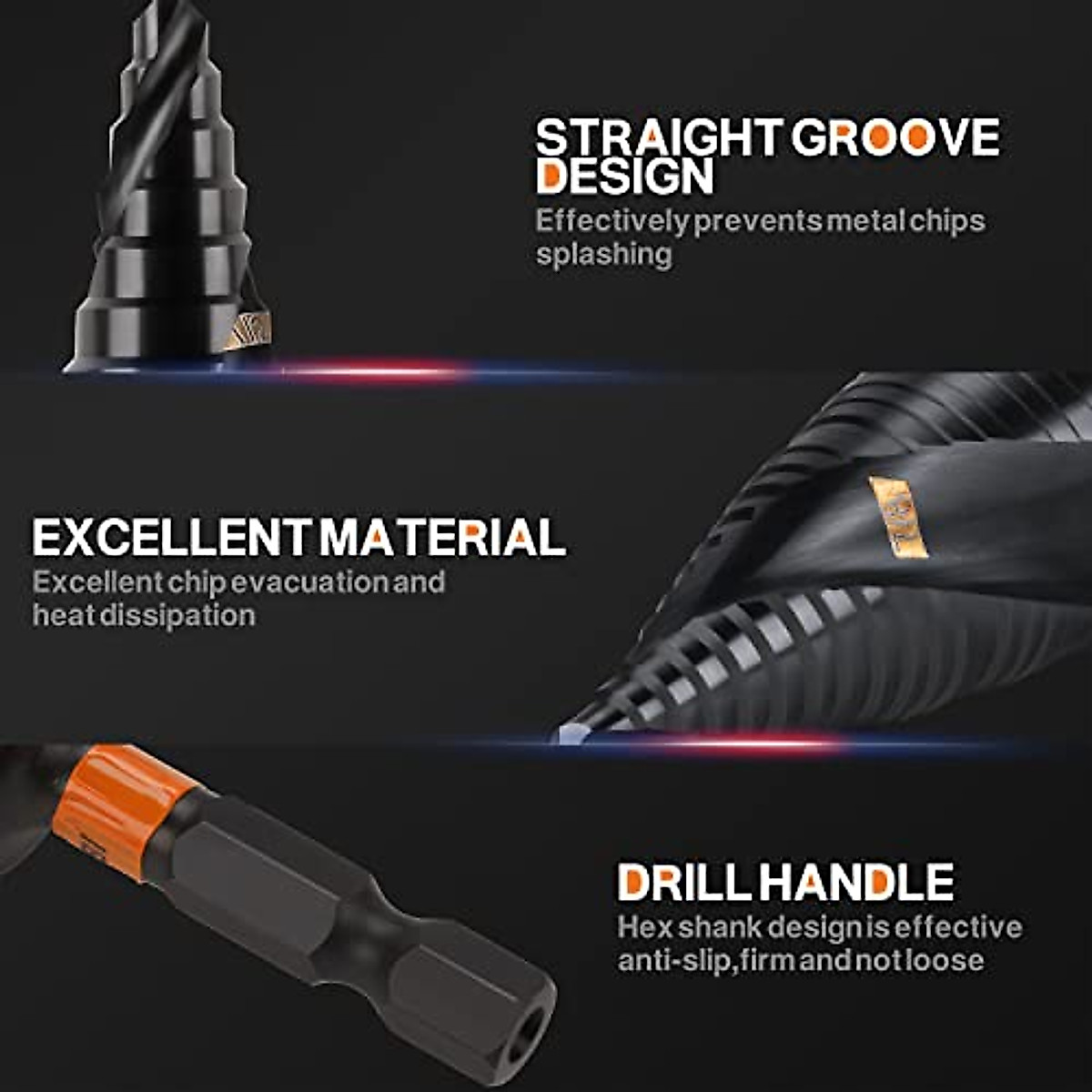 KSEIBI 13 Steps 1/8-1/2 inch SAE Standard Industrial Grade Step Drill Bit Ready Impact 1/4 inch Shank, 575075 High Speed Steel Black Oxide M2 Metal Drill Bits