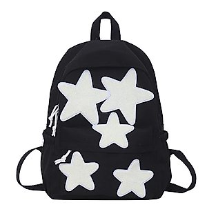JHTPSLR Preppy Backpack Y2K Aesthetic Backpack Lambswool Stars Patchwork Backpack Cute Kawaii Stars Backpack Supplies Casual Daypack (Black)