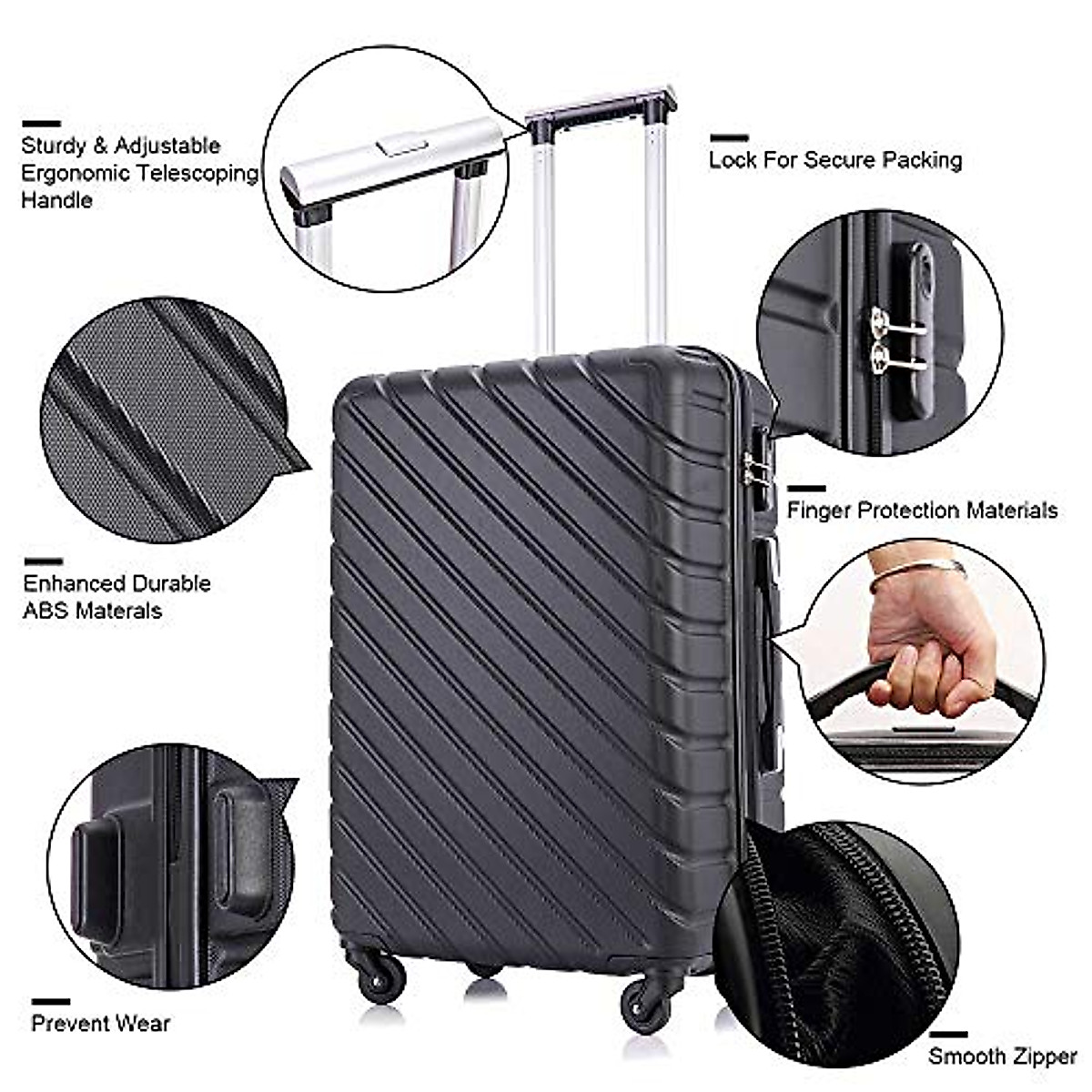 Apelila 4 Piece Hardshell Luggage Sets, Black Travel Suitcase, Check in & Carry On Luggages with Spinner Wheels Free Cover& Hangers Inside 18" 20" 24" 28"