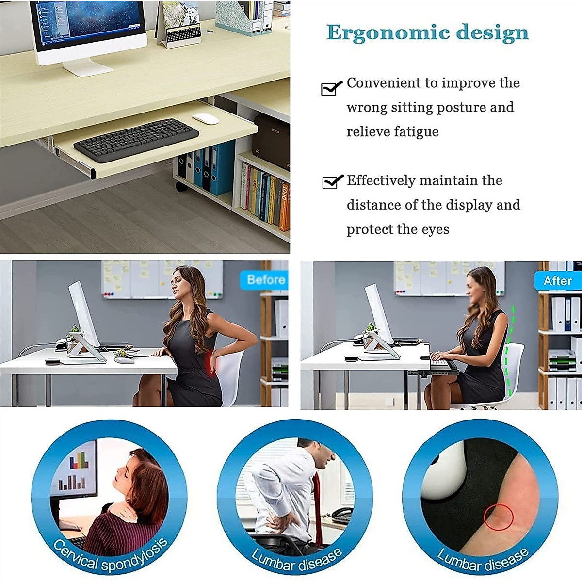 Desktop Extender Sliding Keyboard Tray Keyboard Slider 54/60/70x27cm Wooden Extension Table Installed Under The Table Strong Load-bearing Capacity Easy To Assemble Ergonomics Adjust Posture Improve Fa