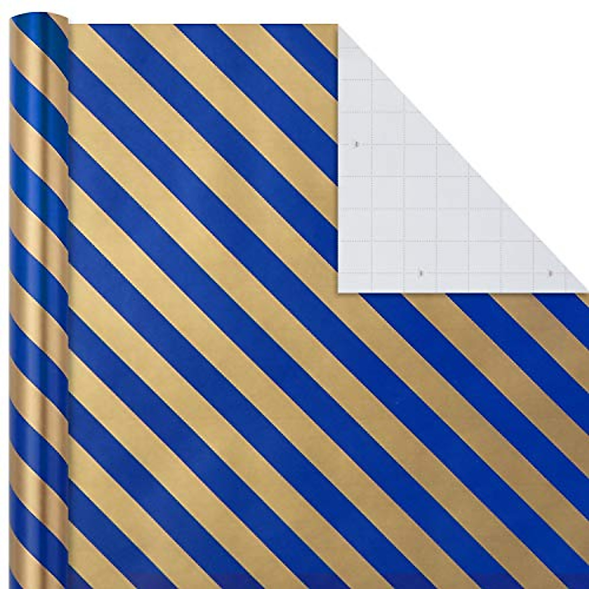 Hallmark All Occasion Wrapping Paper Bundle with Cut Lines on Reverse - Dark Blue and Gold Stripes (3-Pack: 105 sq. ft. ttl.) for Christmas, Hanukkah, Birthdays, Graduations, Father's Day, Weddings