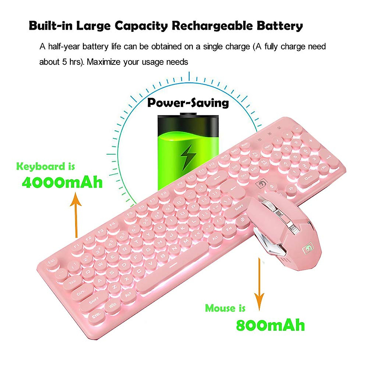 Gaming Keyboard and Mouse,Soke-Six 2.4G Wireless Retro Punk Typewriter-Style Backlit Keyboard Mice Combo,4800mAh Battery,Mechanical Feel,Anti-ghosting,Crystal Panel Round Keycaps (Pink+White Light)