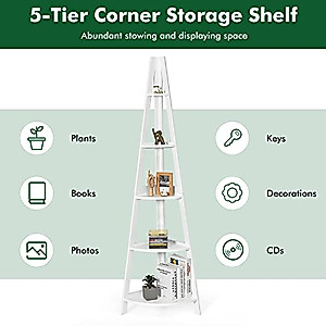 Tangkula 5 Tier Corner Shelf, 69 Inch Tall Corner Bookshelf, 5 Shelf Small Bookcase, Wooden A-Shaped Display Storage Rack, Corner Ladder Shelf Plant Stand for Living Room Home Office