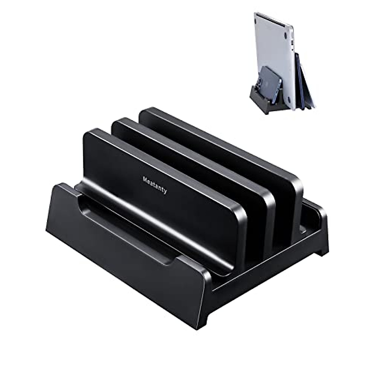 meatanty Dual Vertical Laptop Stand Holder 2 Slot MacBook Pro Vertical Stand Laptop Accessories, Desktop Storage for All MacBook/Surface/HP/Dell/Chrome Book Up to 17.3″ -Black