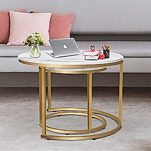 aboxoo Coffee Table Nesting White Set of 2 Side Set Golden Frame Circular and Marble Pattern Wooden Tables, Living Room Bedroom Apartment Modern Industrial Simple Nightstand