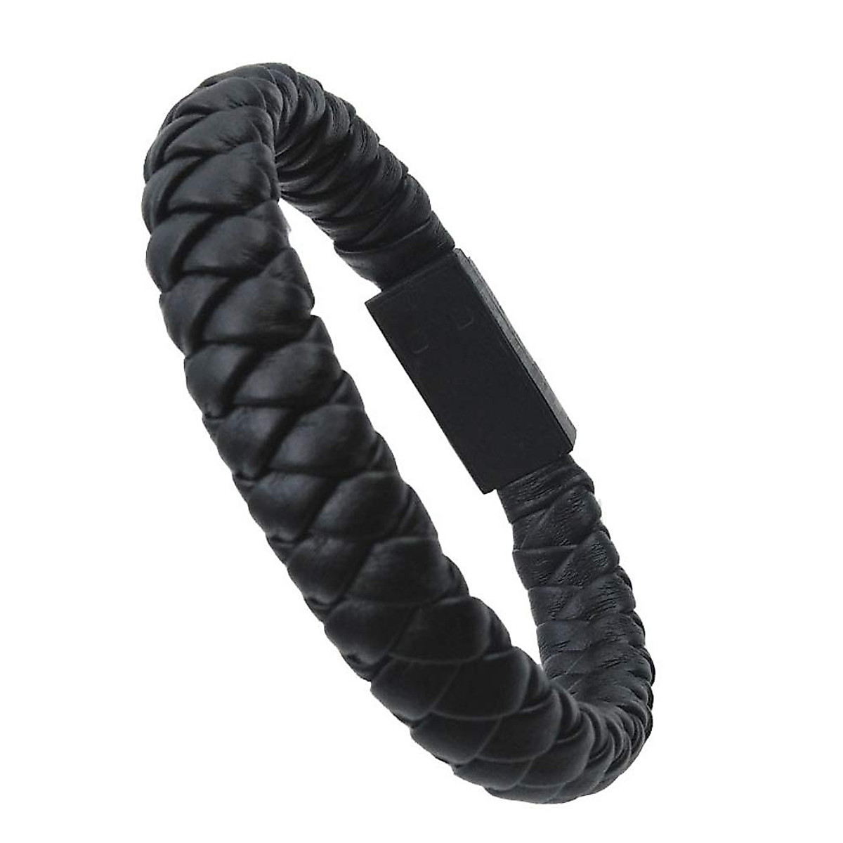 ZTGD Charging Bracelet, Portable Faux Leather Woven Mini Type-C Micro USB Charging Bracelet Data Cable Black Black Type C