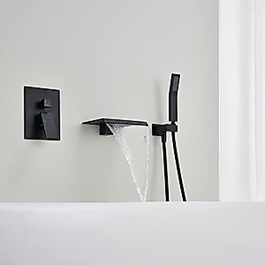 Wowkk Wall Mount Tub Filler Waterfall Tub Faucet Black Bathtub Faucet Brass Single Handle Bathroom Faucet with Hand Shower