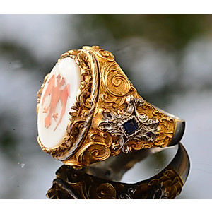 Men's Sterling Silver Ring - Pearl Stone - Signet Ring (Double Headed Eagle)