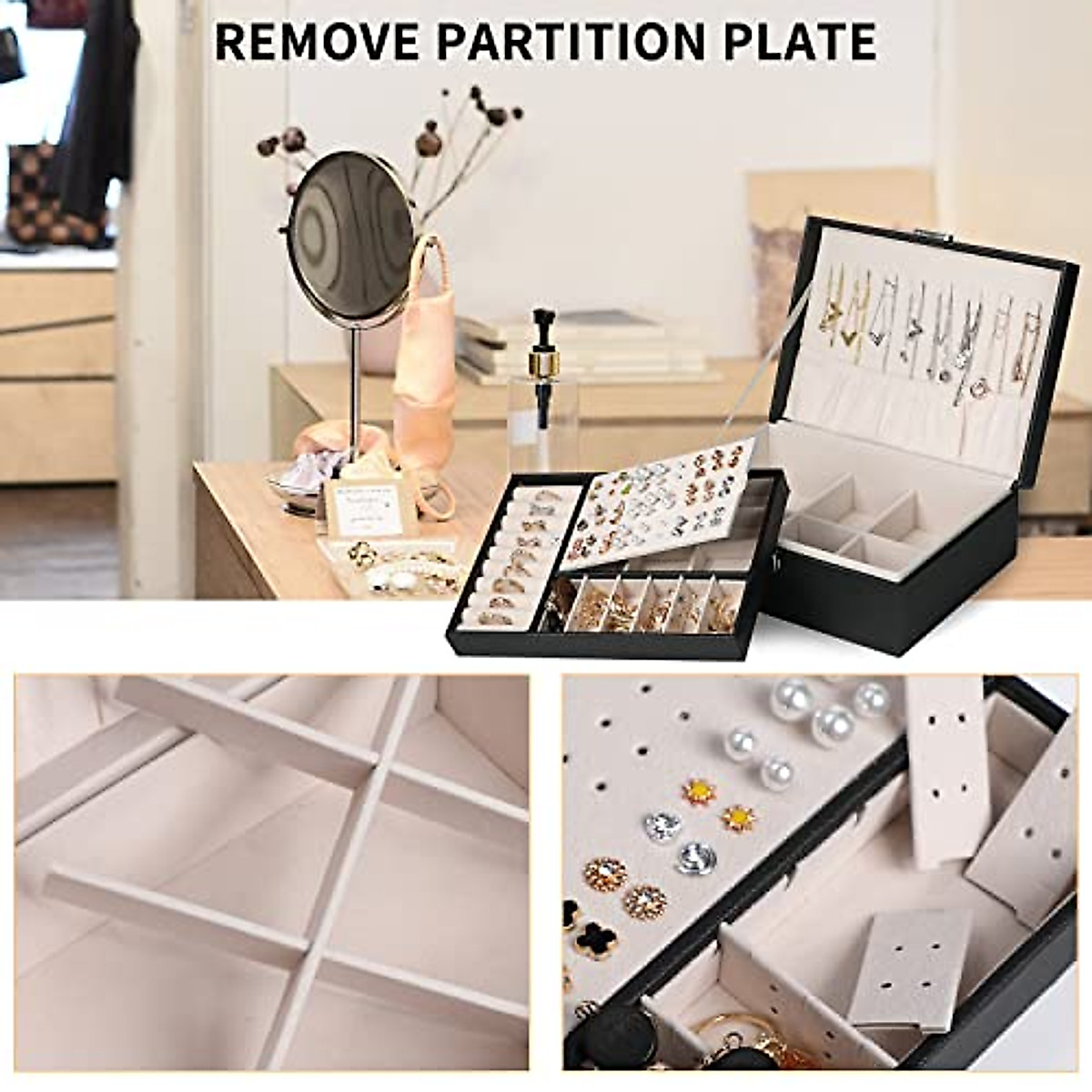 onlyamazing Black Jewelry Box Desk Organizer Set of 2, Portable Jewelry Cases for Home, Travel