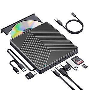 ROOFULL External CD DVD Drive, USB 3.0 & USB-C CD/DVD Burner Player with 4*USB Ports and 2*SD/TF Card Reader, Portable CD/DVD-ROM +/-RW Disk Drive Adapter for Laptop PC Mac Windows 11/10/8/7 Linux