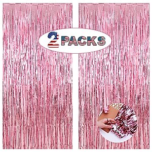 Pink Backdrop Curtain for Party Decorations -6.5x8.2ft, Pack of 2 | LILF Pink Streamers Tinsel with Non-Marking Tape, Foil Fringe Curtain for Birthday Baby Shower Party Supplies Photobooth Props