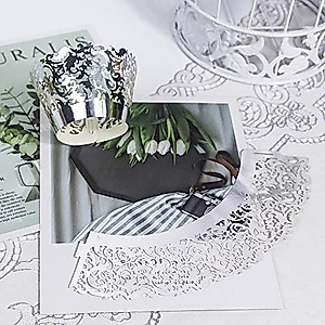 YOZATIA 60 Silver Vine Lace Cupcake Wrapper, Laser Cut Cupcake Liners for Weddings Birthdays Tea Parties and any Special Event- Silver