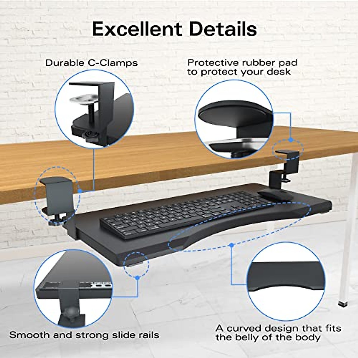 Ergonomic Under Desk Keyboard Tray with Curved Design, C-Clamp Mount, Smooth Sliding Rails, and Durable Steel Construction for Comfortable and Efficient Workstation