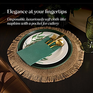 50-Pack Disposable Linen-Feel Dinner Napkins With Built-in Flatware Pocket, BLUE Prefolded Cloth Like Paper Napkins For Wedding, Dinner Or Party