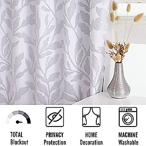 OVZME Velvet White Blackout Curtains, Thermal Insulated Curtains 100% Room Darkening Drapes, Super Soft Leaves Luxury Curtains for Living Room Bedroom 2 Panels, Rod Pocket&Back Tab, White, 52x84