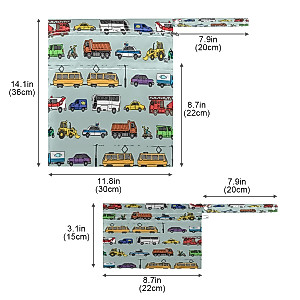 2pcs Bus Truck Car Cloth Diaper Wet Dry Bag Waterproof Reusable Wet Dry Organizer,Transportation Washable Wet Bag with Two Zippered Pockets for Travel Beach Gym Swimsuits Toiletries