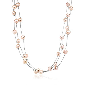 Gem Stone King 3-Row 7-8MM Pink Cultured Freshwater Pearl 18 Inch Necklace and Earrings Jewelry Set For Women