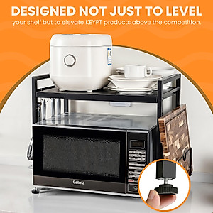 KEYPT Extendable Microwave Oven Rack - Adjustable Kitchen Counter Shelf, 2 Tier Microwave Stand with 6 Hooks for Kitchen Countertop Organizer (Black) Microwave Shelf with Cutting Board Attachment