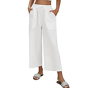 Zeagoo Women's Summer Cotton Linen Palazzo Pants Drawstring Waist Wide Leg Pocket Loose Casual Trousers White M