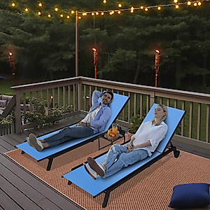 YITAHOME Outdoor Chaise Lounge Chairs Set with Side Table, 3 Pieces Adjustable Backrest Poolside Loungers with Aluminum Frame/Textilene Fabric/Wheels for Pool Beach Patio Lawn Porch (Blue)