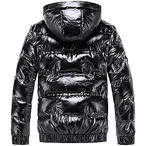 Dgoopd Winter Warm Men Puffer Coat Waterproof Lightweight Down Jacket Shiny Hooded Reflective Down Jacket Padded Jacket Coat Black