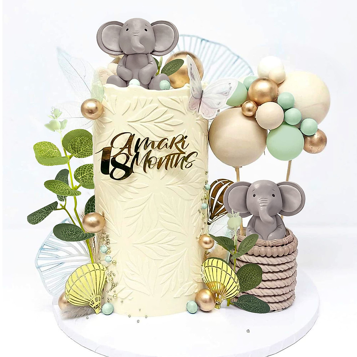 26 PCS Elephant Cake Decoration Pearl Balls Cake Picks Eucalyptus Leaves Decoration Elephant Baby Shower Cake Decoration