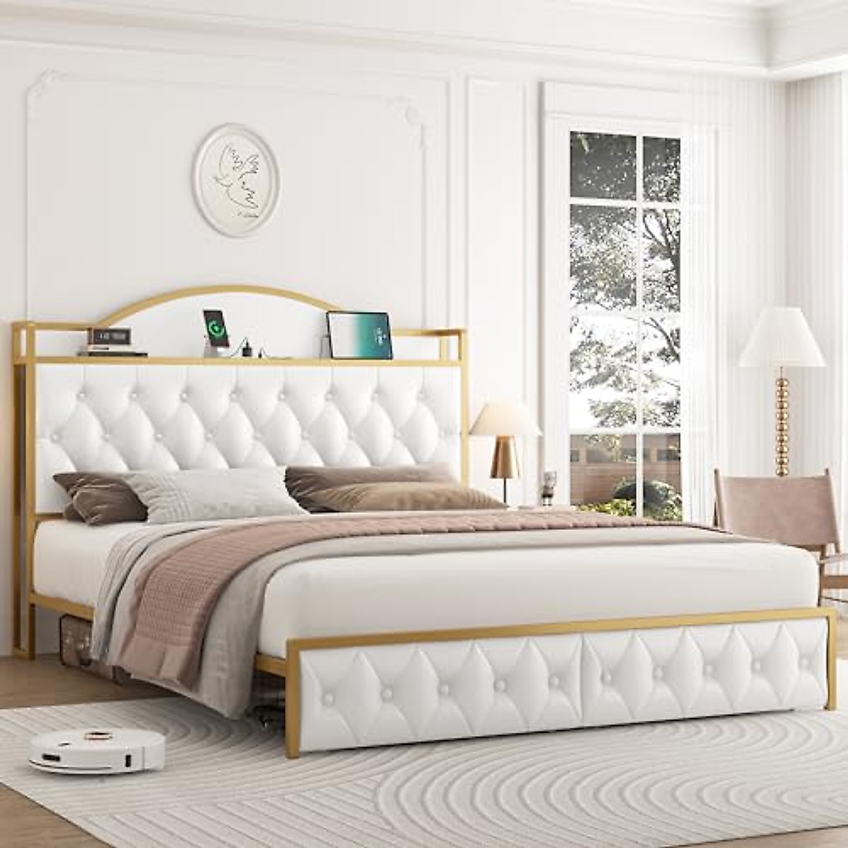HITHOS Queen Bed Frame, Storage Headboard with Charging Station, Button Tufted Platform Bed with 2 Drawers, Upholstered Bed with 51.6" Tall Headboard, Gold Metal Frame, No Box Spring Needed, White