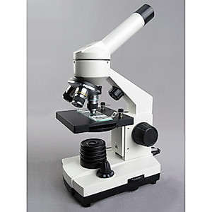 AmScope M110 Series Cordless LED Metal Frame Compound Microscope - 40X-1000X Magnification - Features Coarse Focusing Knobs - Includes 10-Piece Prepared and Blank Glass Microscope Slides