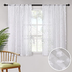MYSKY HOME Pom Pom White Sheer Curtains for Bedroom Living Room Light Filtering Semi-Sheer Curtains for Nursery Girls Kids Room Rod Pocket Boho Voile Draperies White 52 x 63 inch 2 Panels