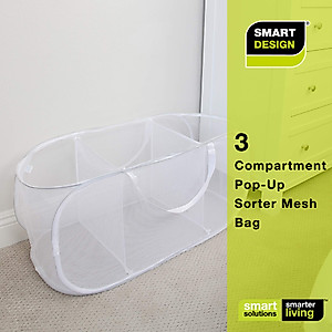 Smart Design Deluxe Mesh Pop Up 3 Compartment Laundry Sorter Hamper Basket - VentilAir Fabric Collapsible Design - for Clothes & Laundry - Home Organization (Holds 6 Loads) (33 x 15 Inch) [White]