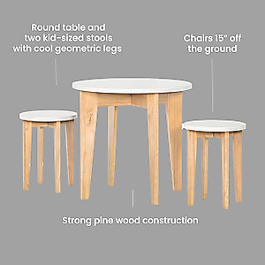 Child Craft Geo Table and Stools Set, Includes Table and 2 Stools, Fun Geometric Design, for Kids Ages 3-6 Years (White/Natural)