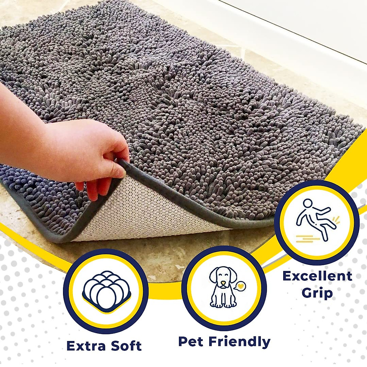 Muddy Mat® AS-SEEN-ON-TV Highly Absorbent Microfiber Dog Door Mat and Pet Rug, Non Slip Thick Washable Area and Bath Mat Soft Chenille for Kitchen Bathroom Bedroom and Indoor - Grey Medium 30"X19"