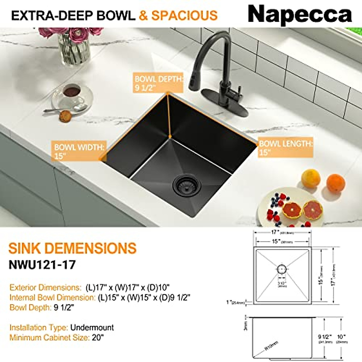 NAPECCA 17" Black Undermount Bar Sink - 17x17 Stainless Steel Square Single Bowl 18 Gauge, Gunmetal Black Small Kitchen Sinks, Nano Dark Grey Deep Modern Wet Bar/Island/Prep Sink with Accessories