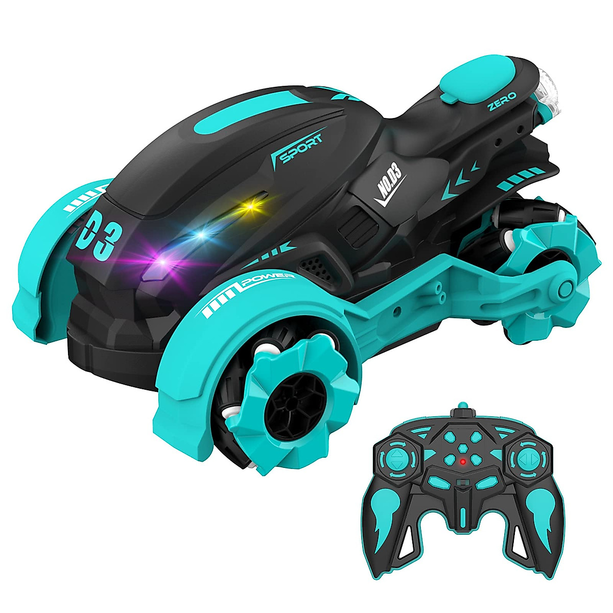 AONGAN Remote Control Car - 2.4 GHz RC Stunt Car 4WD w/Mecanum Wheels, All-Terrain Tires & All Directions, Lights Music & Spray Function Gifts Toys for Boys Girls 5 6 7 8 9 Years Old (Blue)