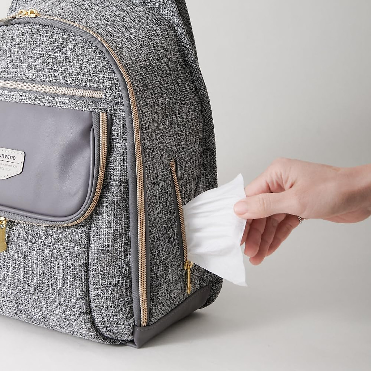 SUNVENO Mini Diaper Bag Backpack, Multifunctional Baby Bag with Insulated Pockets Waterproof Travel Bag, Grab-Top Handle (Hemp Grey)