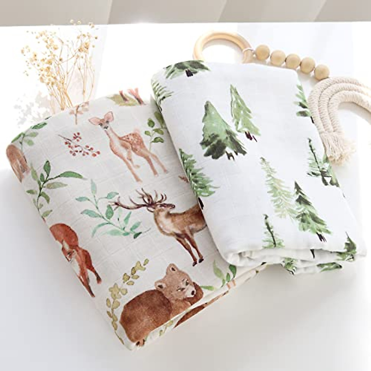 LifeTree Muslin Swaddle Blankets Neutral, Woodland Baby Swaddling Wrap Nursery Receiving Blanket for Boys & Girls Unisex, Soft Bamboo Cotton, Large 47 x 47 inches