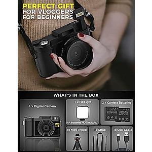 4K Digital Camera, Autofocus 48MP Vlogging Camera for YouTube with Flip Screen Cameras for Photography with Batteries, Fill Light, Mini Tripod Accessories