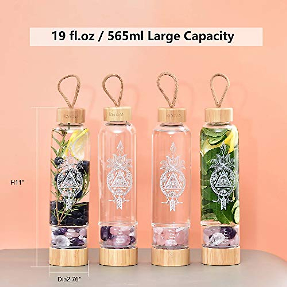 Larrare Crystal Water Bottles 19oz Large Crystal Elixir Infused Water Bottle with Changeable Crystals | Gem Water Bottle with Sacred Pattern and Words (Amethyst, Rose Quartz, Clear Quartz)