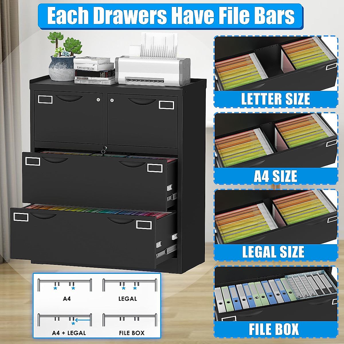 3 Drawer Lateral File Cabinet with Lock Metal Filing Storage Cabinet for A4 Legal/Letter Size File Cabinet Locked Steel Lateral File Drawers,Wide Filing Organization Storage Cabinets for Home Office