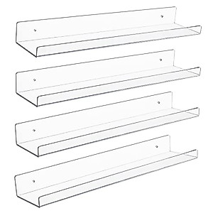 HBlife 15 Inches Invisible Wall Floating Bookshelf for Kids and Nursery, Clear Acrylic Shelves for Figures, 4 Pack (5MM Thick)