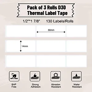 Phomemo D30 Label Maker Tape, Black on White Sticker Thermal Paper, Pre-Cut Self-Adhesive Label Tapes, 14 x 30mm /0.55 x 1.1 Inch (1/2" x 1 1/8") 210 Tapes/Roll, 3-Roll