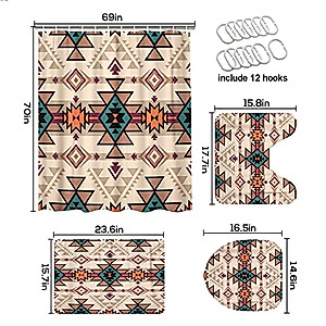 4 Pcs Shower Curtain Sets with Rugs Pink Retro Color Tribal Navajo Aztec Fancy Geometric Ethnic Hipster Weave Summer Durable Shower Curtain Sets with 12 Hooks Shower Curtain for Bathroom Set