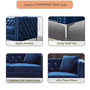 Harper & Bright Designs Velvet Upholstered Three-Seater Sofa, 82.3'' Wide Blue Velvet 3-Seat Sofa with Jeweled Buttons, Square Arm, Two Pillows Included for Living Room, Office